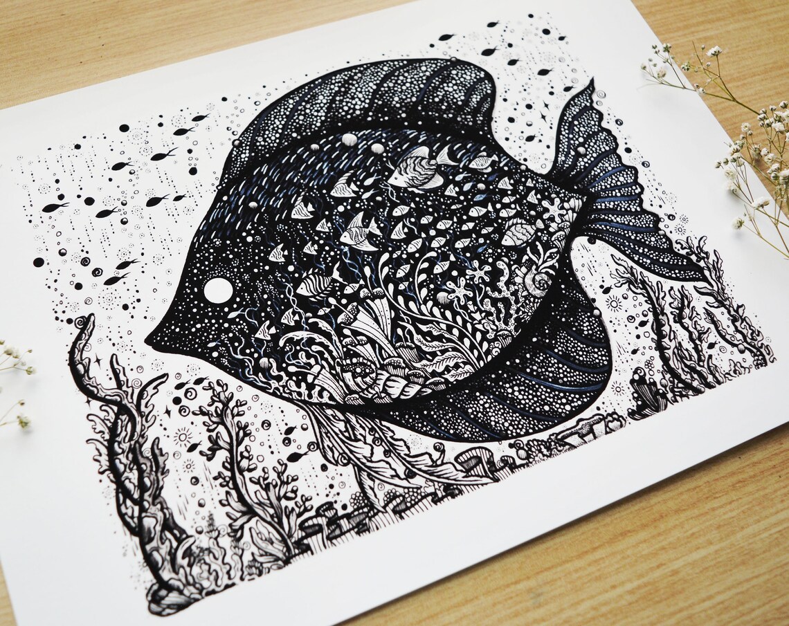 Tropical Fish Pen drawing Fantasy Art Ocean Art Night | Etsy