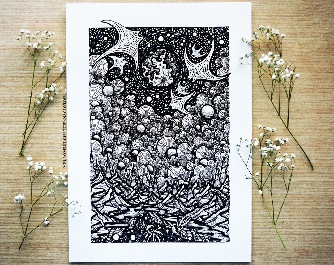 Peculiar Dream | Pen Drawing, Fantasy Art, Manta Ray, Night, Nature ...
