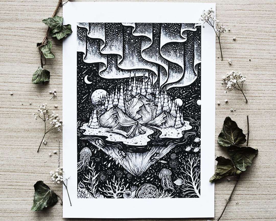 Aurora Borealis | Northerns Lights, Pen Drawing, Mountain, Landscape ...