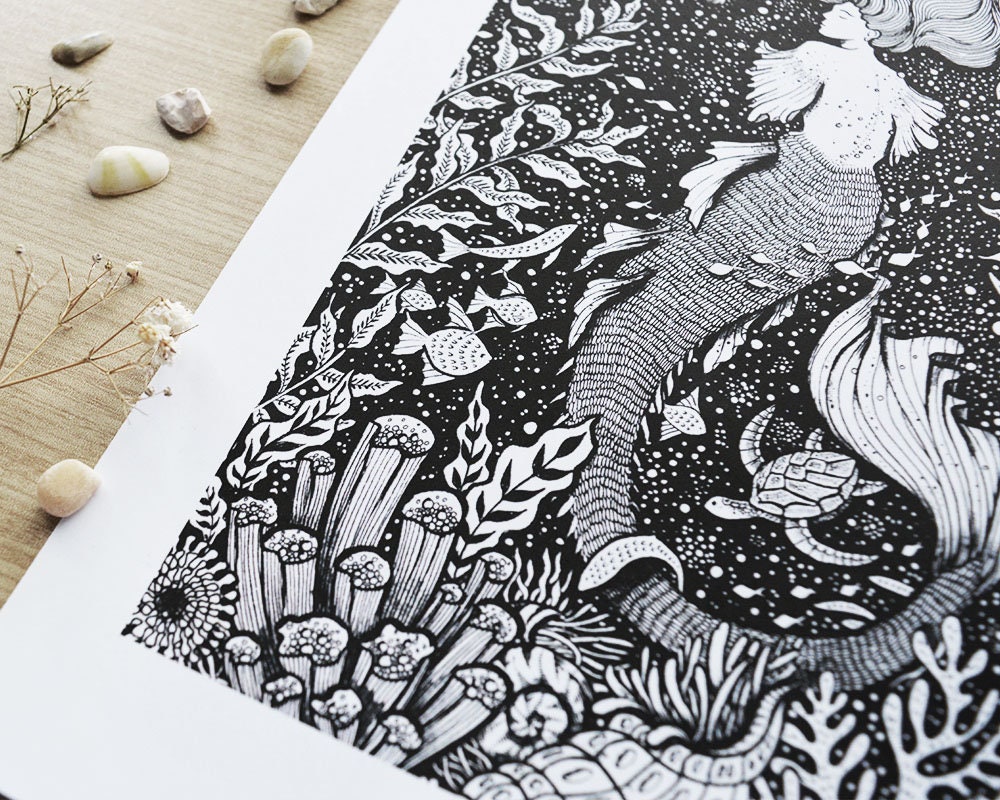 Mermaid Spell Sea Ocean Pen Drawing Sea Turtle Coral | Etsy