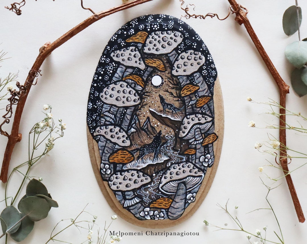 Mushroom Wolf Scene Original Wood Slice Art, Moon, Wood Painting ...