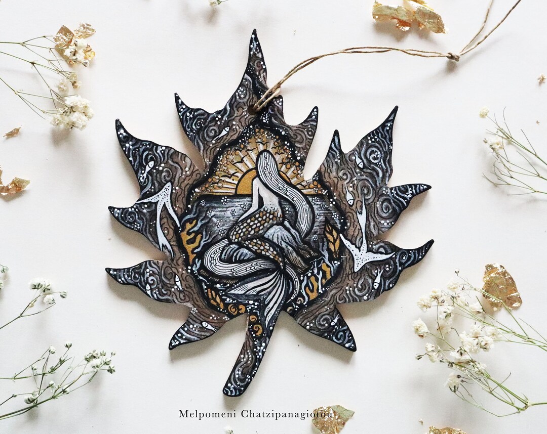 Original Winter Mermaid Leaf Ornament - Original Small Wood Art, Leaf ...