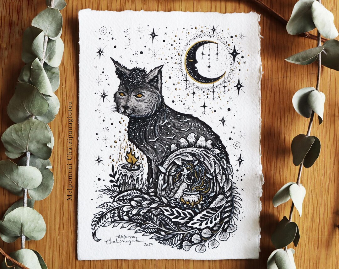 Cat Familiar - Small Original Artwork || Handmade Paper, Moon, Night ...