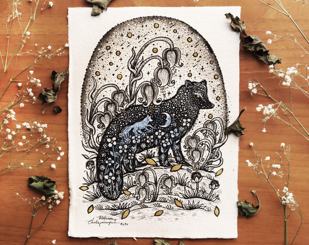 Fox Familiar - Small Original Artwork || Handmade Paper, Moon, Night ...