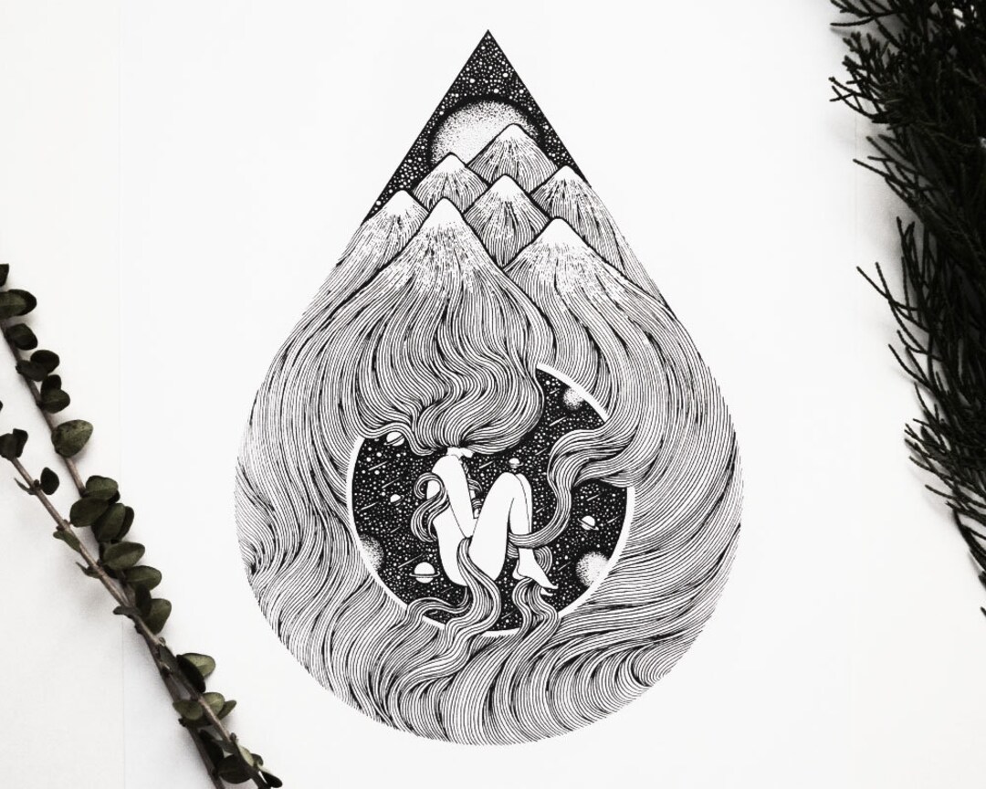 Ocean of Emptiness | Woman, Pen Drawing, Mountains, Planet, Nature | A4 ...