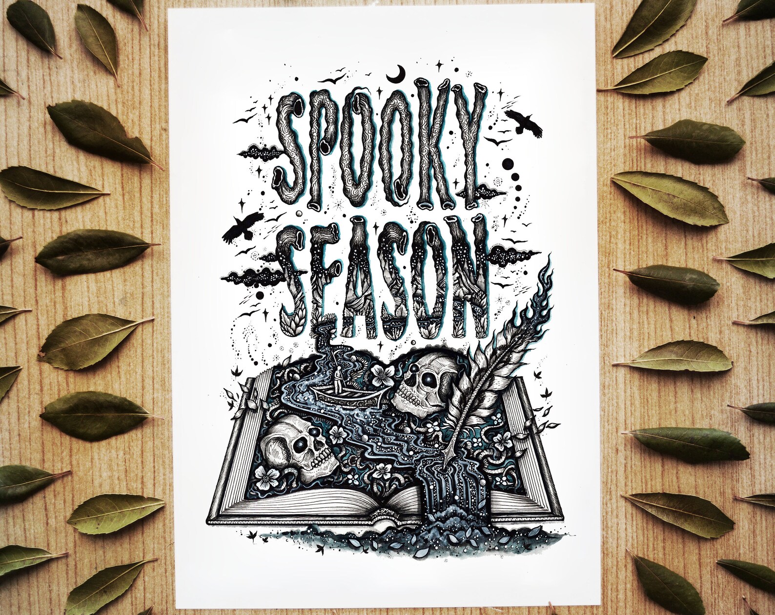 Spooky Season || Fine Art Print, Book, Halloween Art, Skull, Moon ...