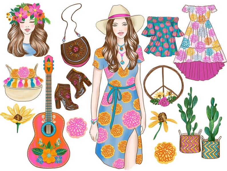 Boho Fashion Clipart Fashion Girl Clip Art Hippie Clipart - Etsy Israel