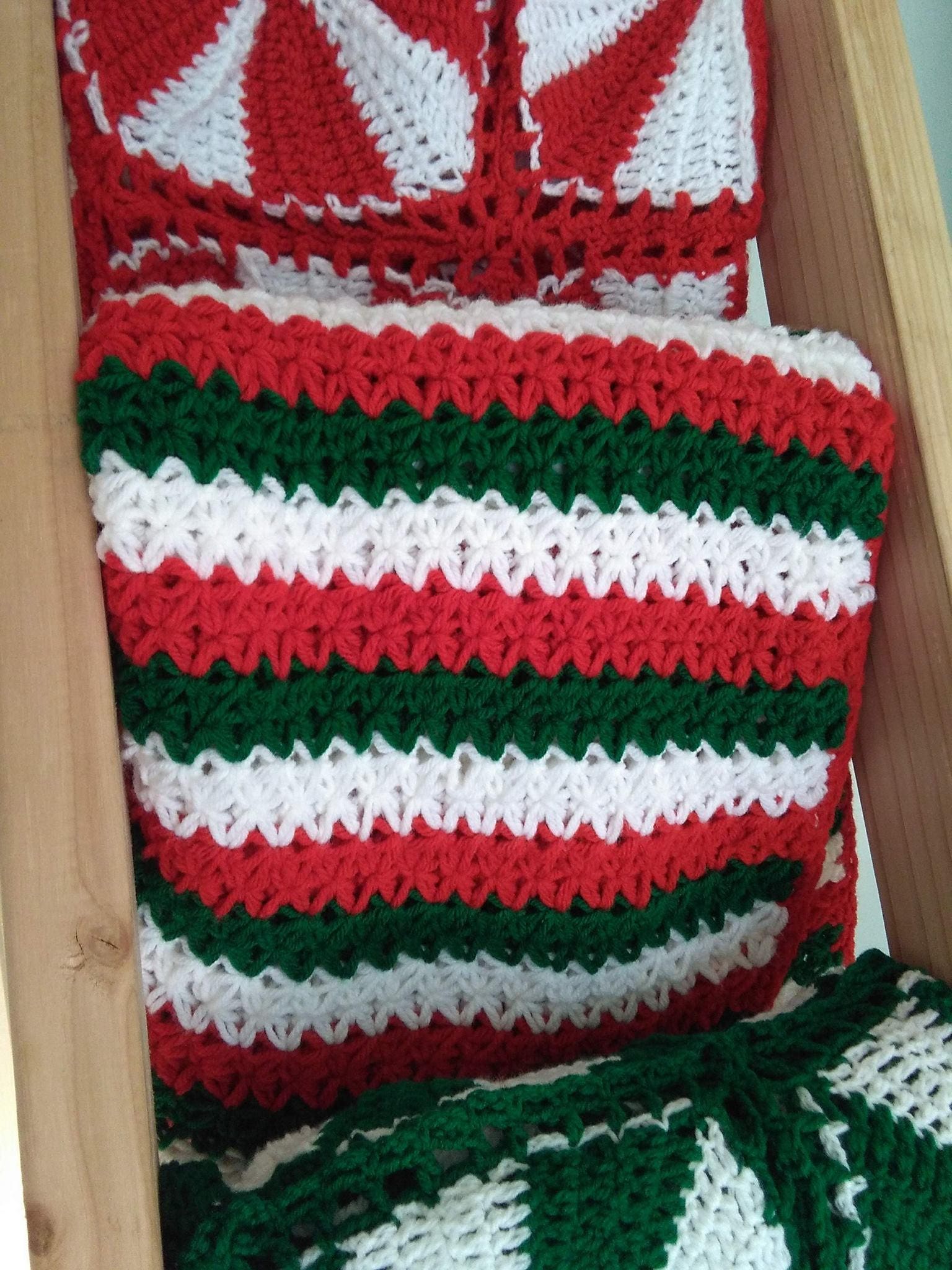 Crochet Christmas Throw, Red, Green and White Blanket, Holiday Blanket ...