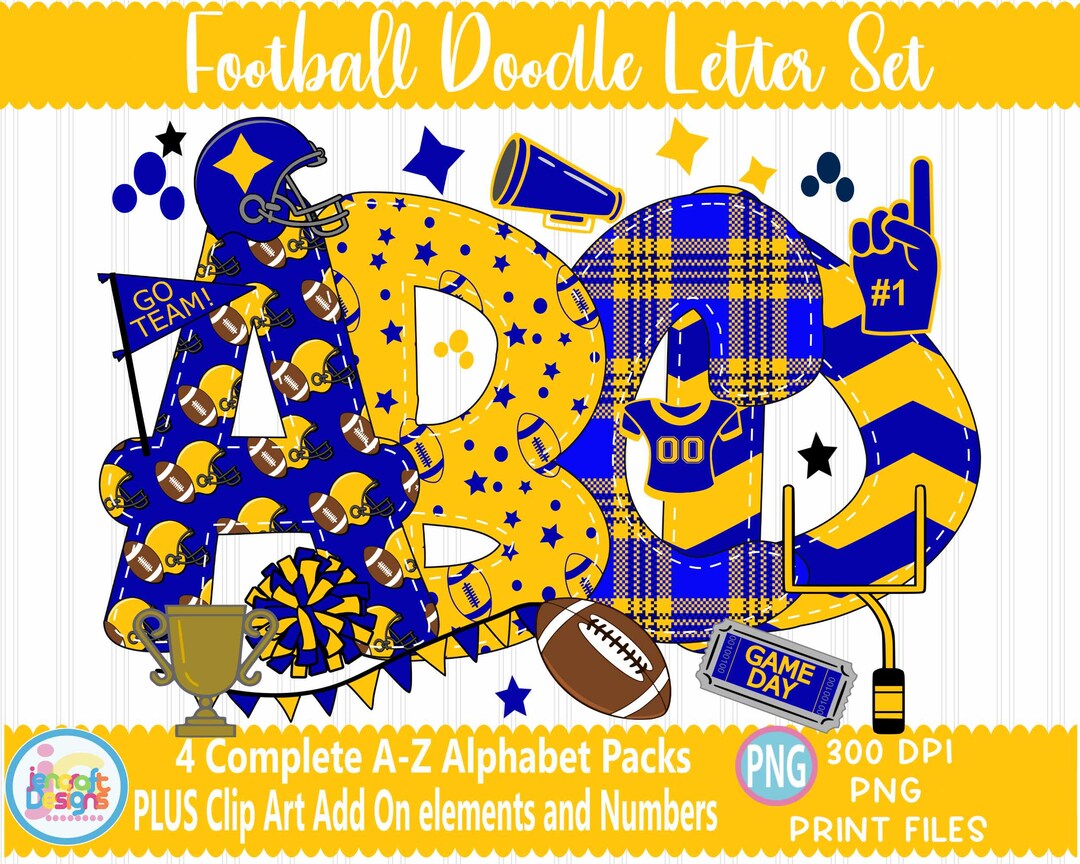 Football Doodle Letters Alphabet: Blue and Gold PNG (digital Download ...