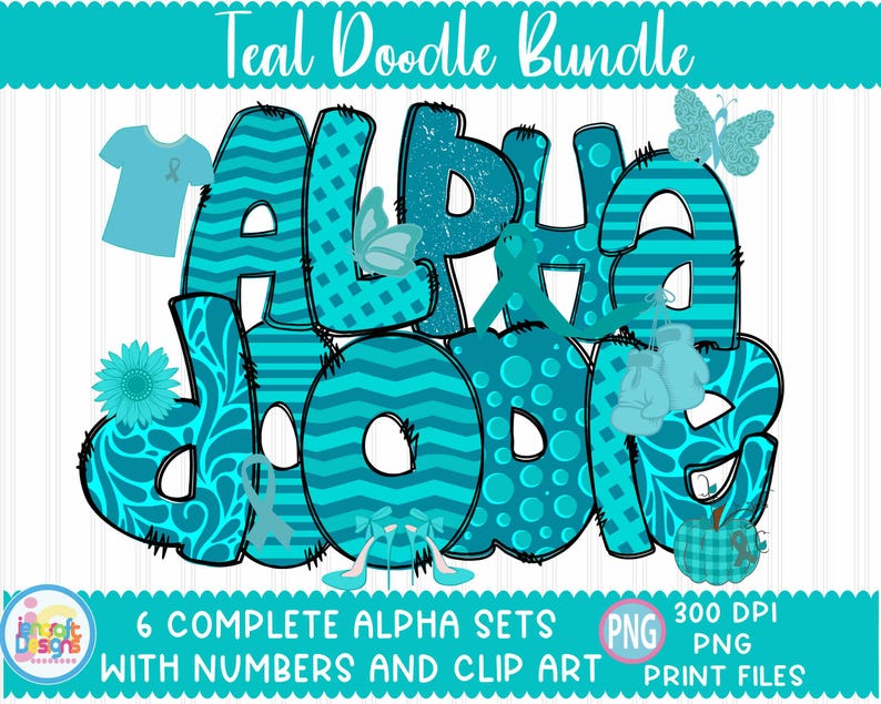Teal Doodle Alphabet PNG: Ovarian Cancer Awareness Letters (printable ...