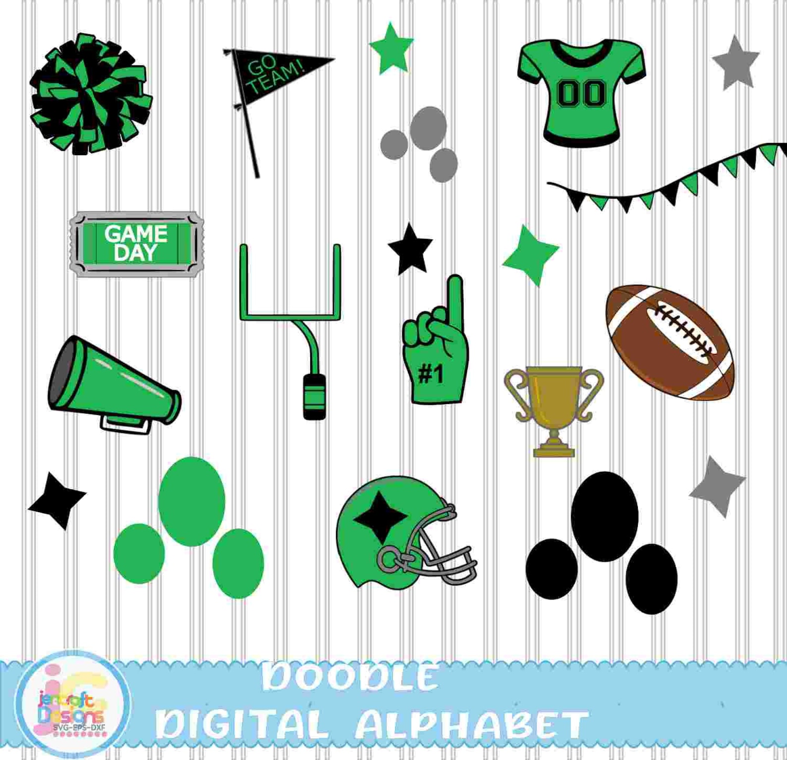 Football Doodle Letters Png Black and Green Hand Drawn Alpha - Etsy