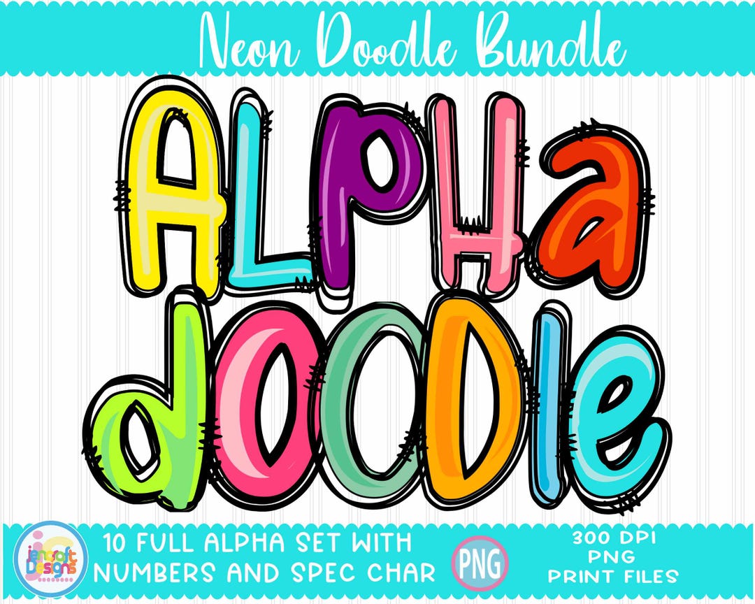 Neon Doodle Alphabet PNG Bundle: Colorful Letters & Numbers (digital ...