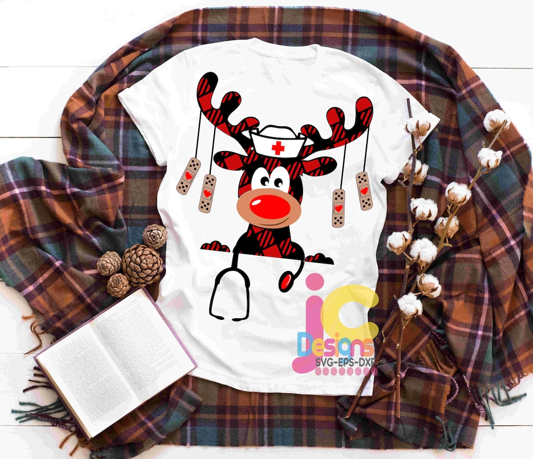 Buffalo Plaid Moose Nurse SVG: Christmas Reindeer Clipart (digital ...