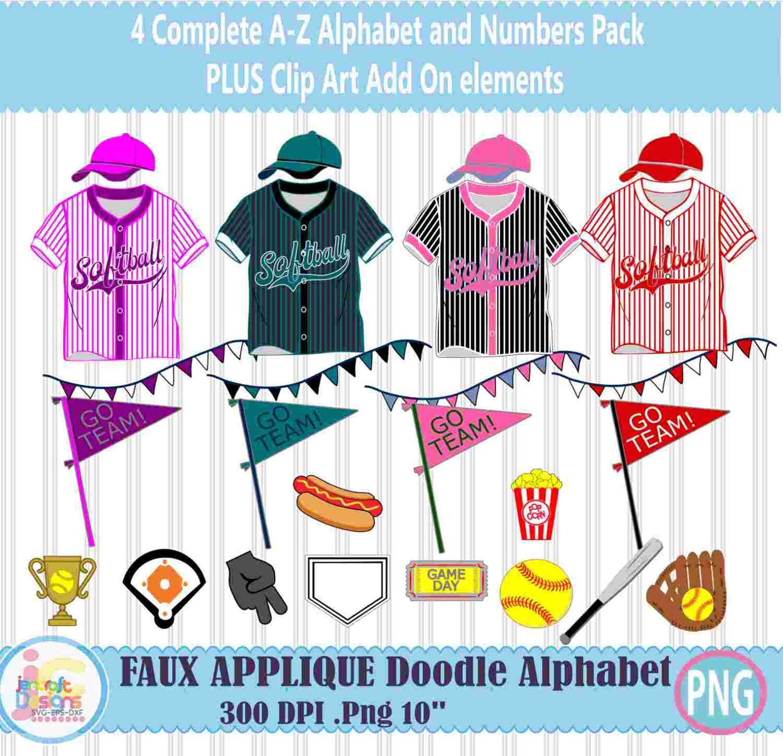 Softball Doodle Letters Faux Applique Alphabet Girl Bundle PNG - Etsy