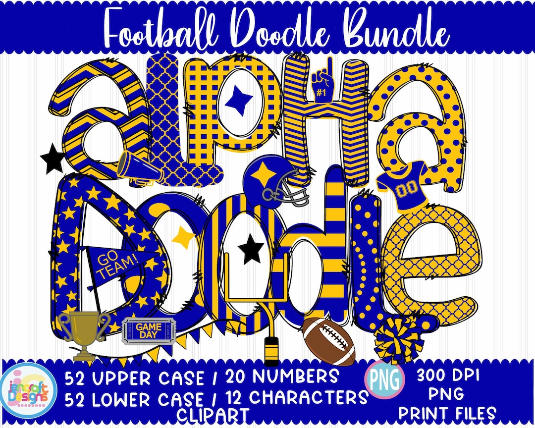 Football Doodle Letters: Gold and Blue Alpha Pack (PNG) - Etsy