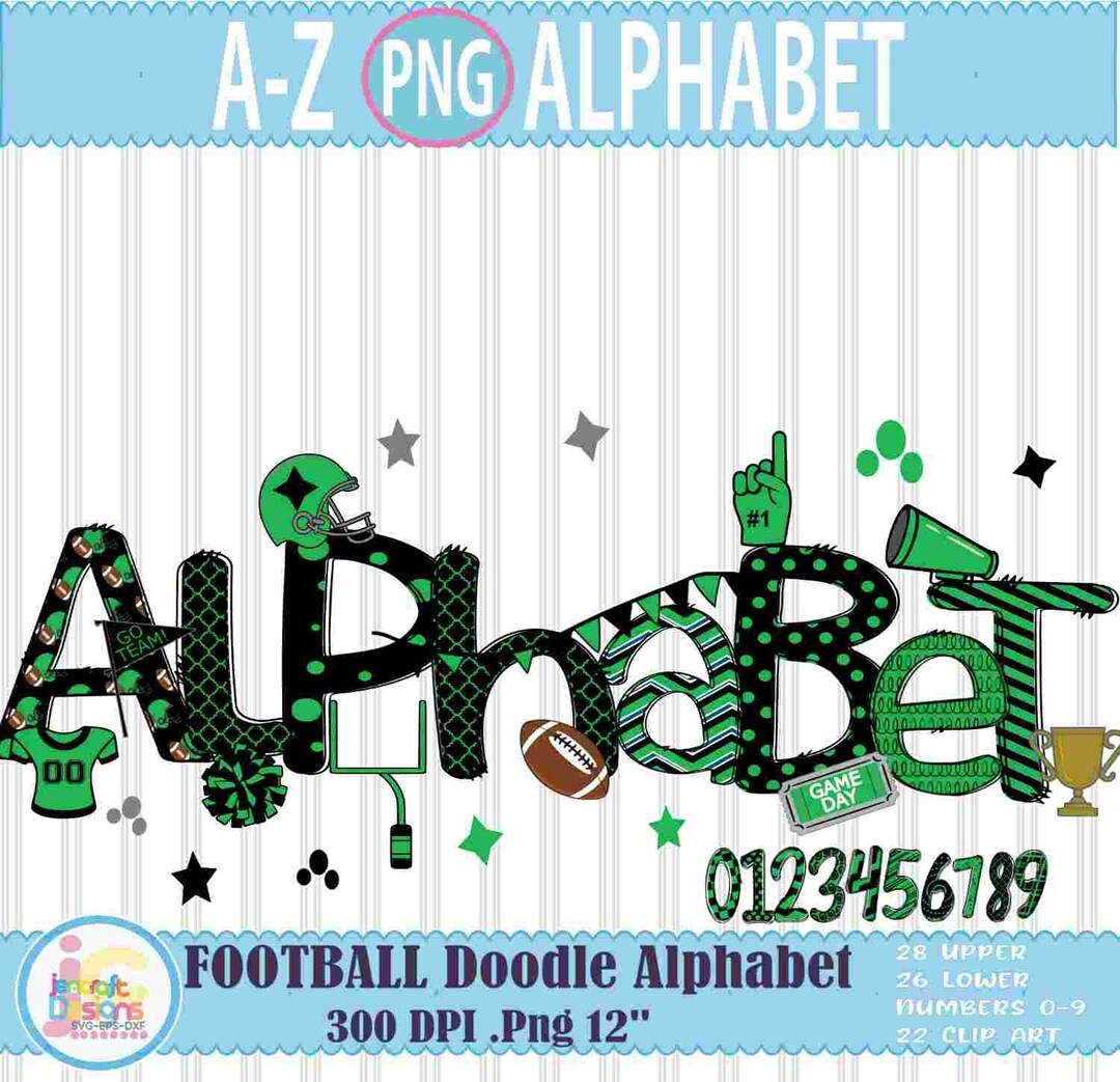 Football Doodle Letters Png Black and Green Hand Drawn Alpha - Etsy