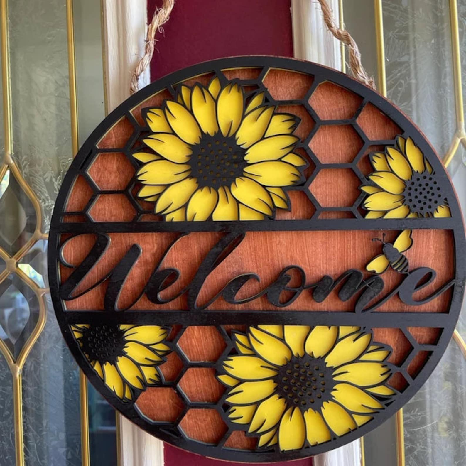 Sunflower Welcome Sign, Summer Decor, Round Door Hangern Wood Sign ...