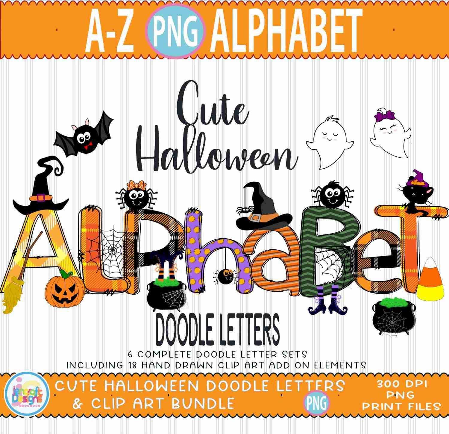 Cute Halloween Doodle Letters Alphabet Bundle with Clipart Alpha pack ...
