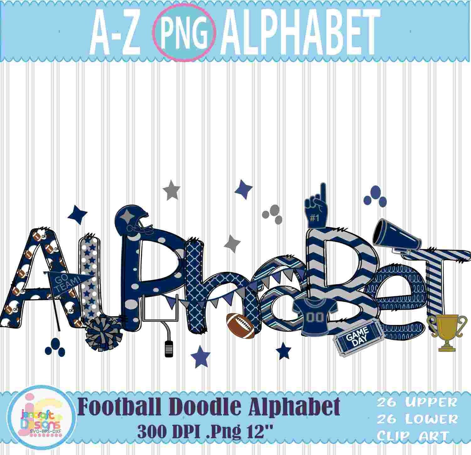 Football Doodle Letters png Blue and Grey Hand Drawn alpha pack ...