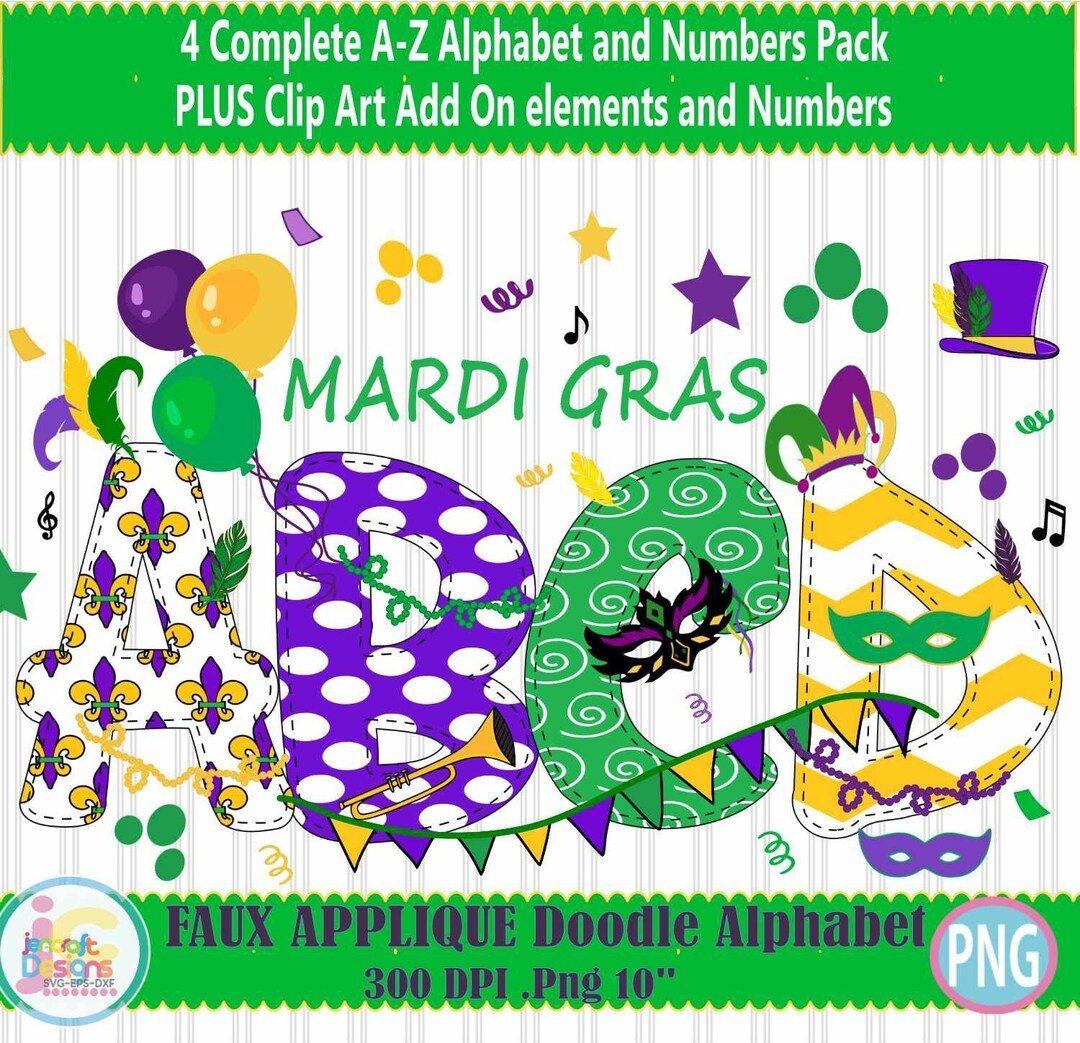 Mardi Gras Doodle Alphabet: Faux Applique Letters, Numbers, Clipart ...