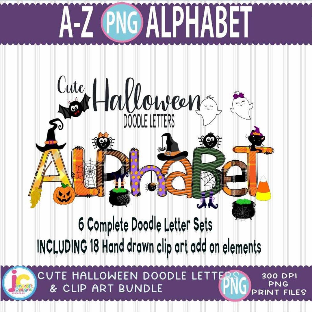 Cute Halloween Doodle Letters Alphabet Bundle With Clipart Alpha Pack ...