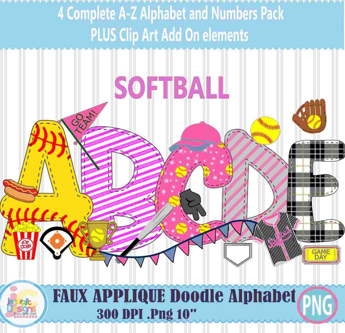 Softball Doodle Letters Faux Applique Alphabet Girl Bundle PNG - Etsy