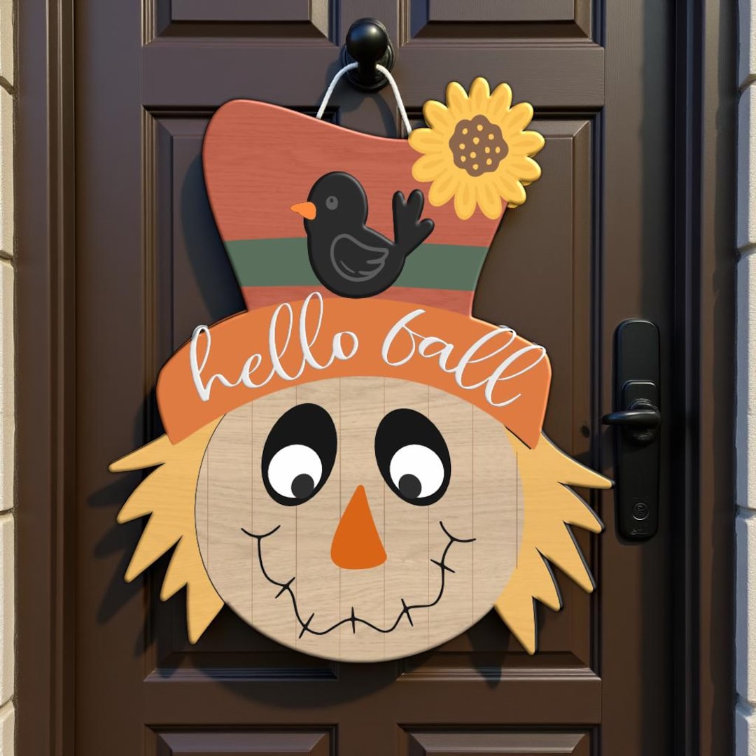 Scarecrow Face SVG: Hello Fall Door Hanger Cut File (glowforge File ...