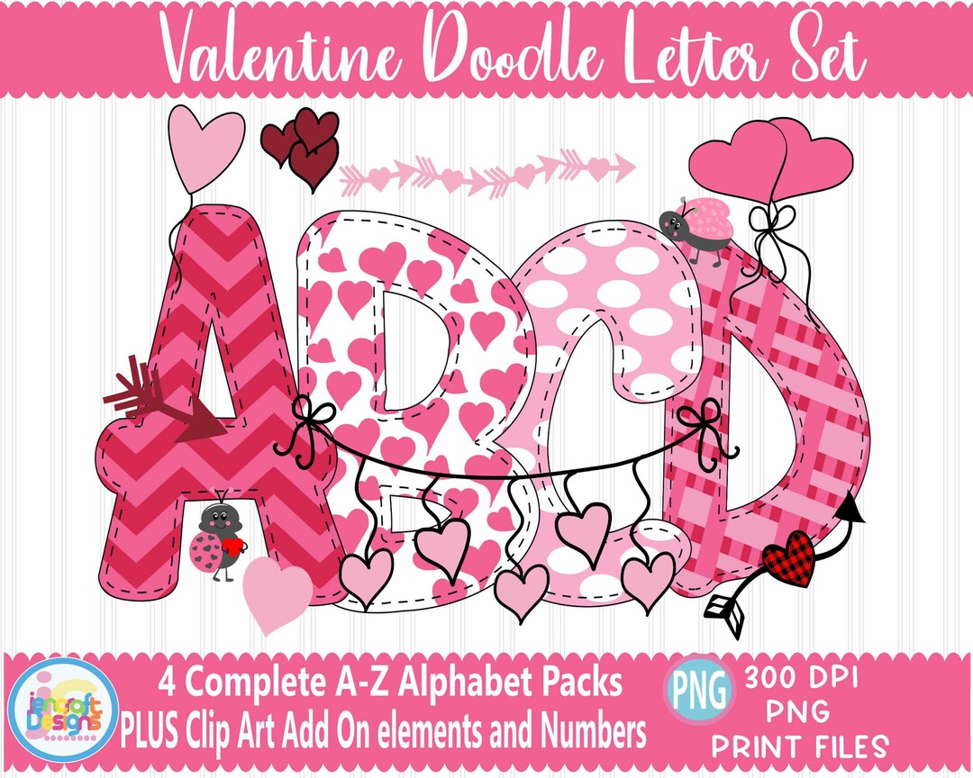 Valentine Doodle Letters: Faux Applique Alphabet PNG (printable) - Etsy