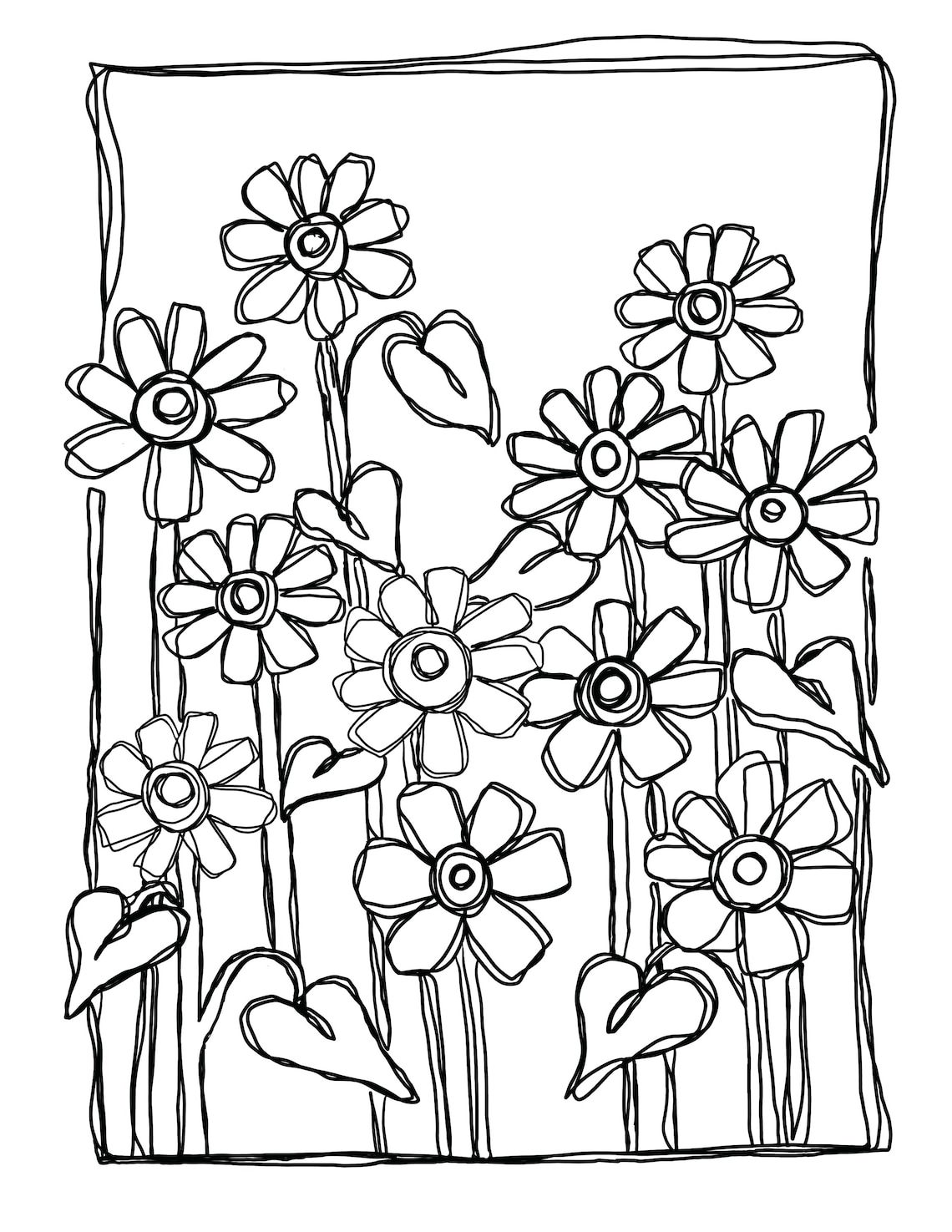 Printable Coloring Sheet Happy Flowers 7 - Etsy