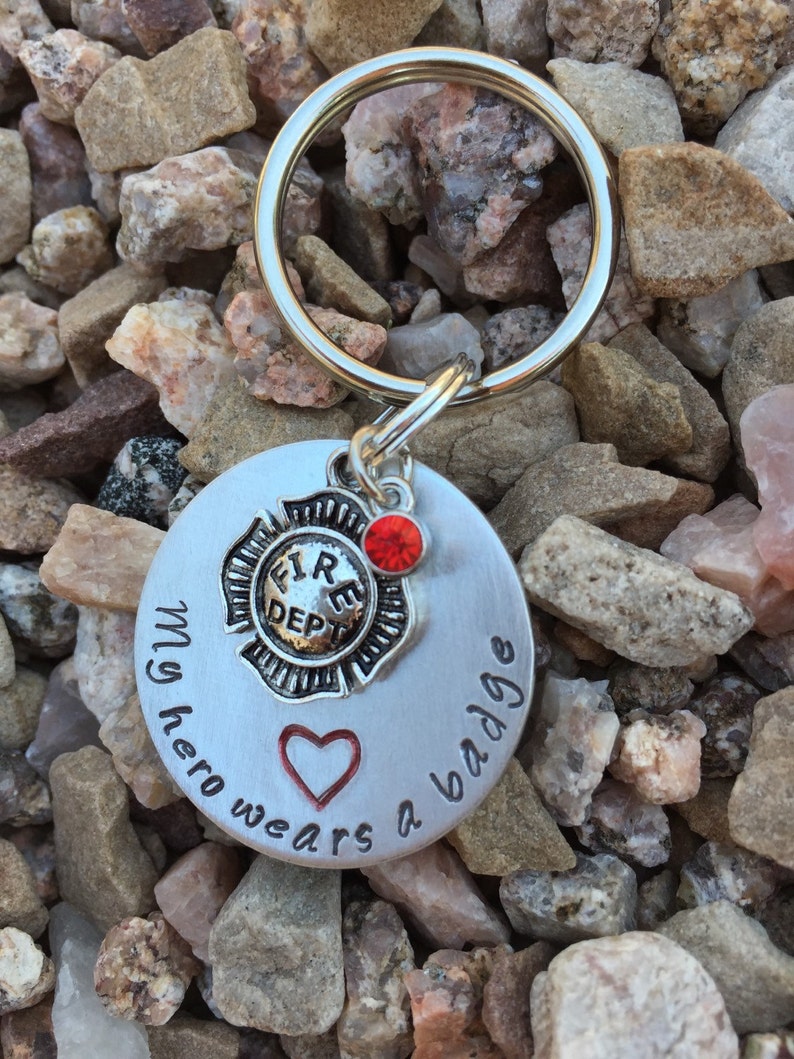 My Hero Wears a Badge Fireman Hand Stamped Keychain - Etsy