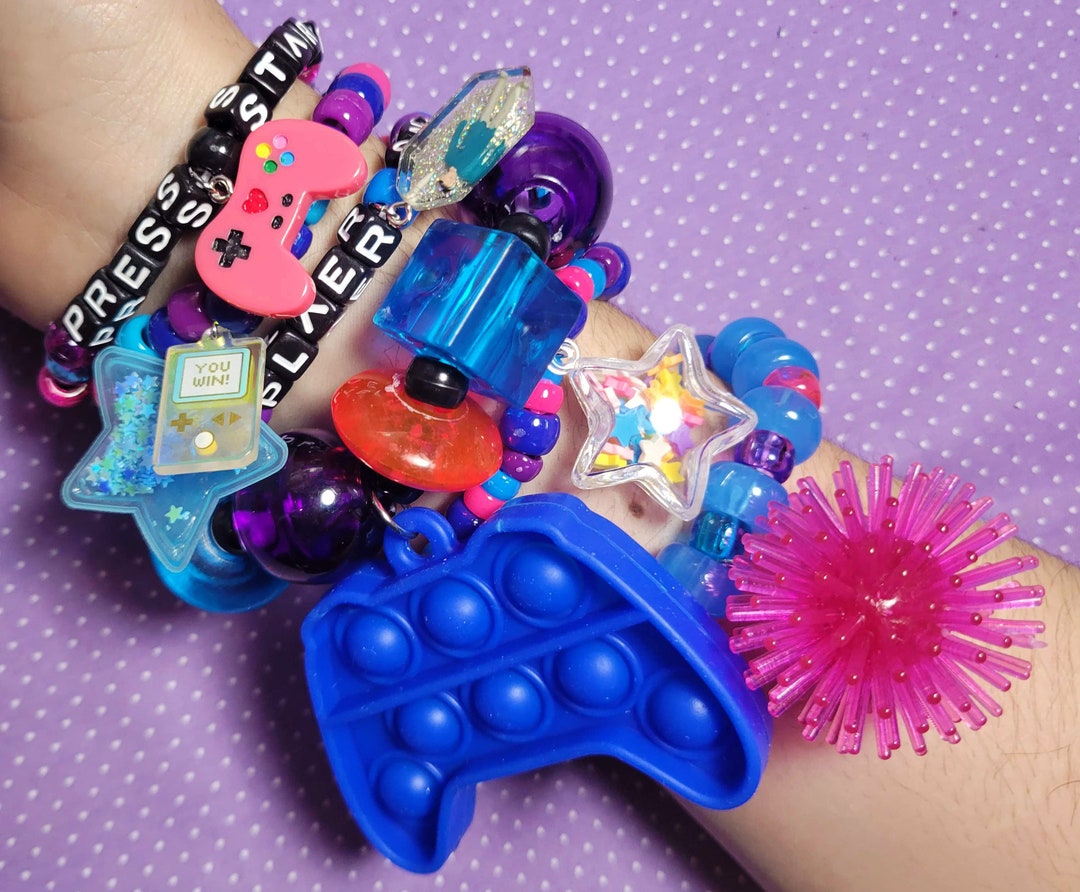 KIDCORE Video Game Blue, Pink & Purple Themed Set of 6 Pony Bead Rave ...