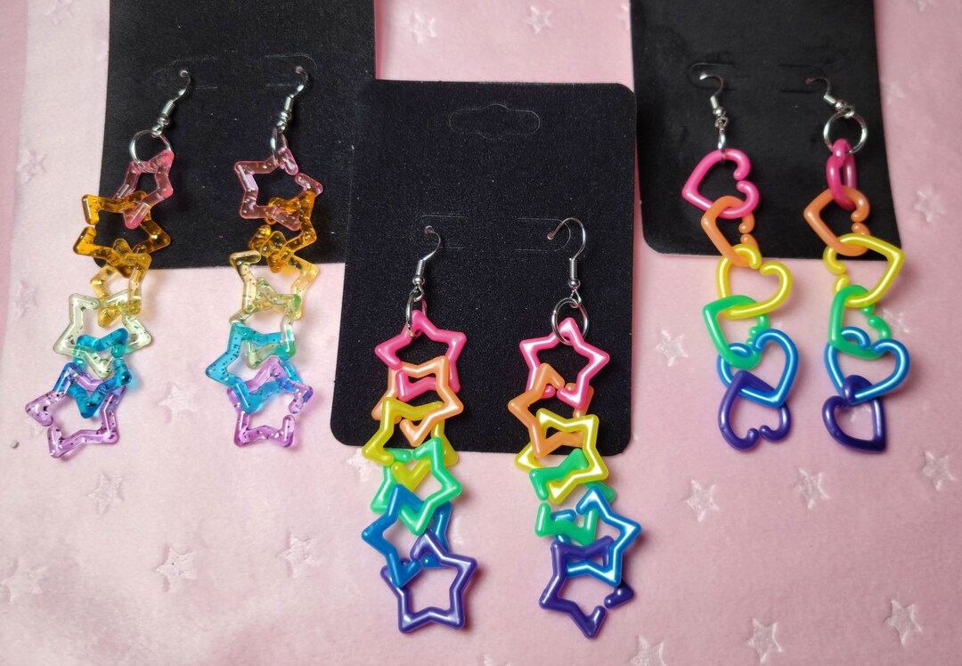 Rainbow Chain Link Earrings. Choose Hearts or Stars Glitter - Etsy