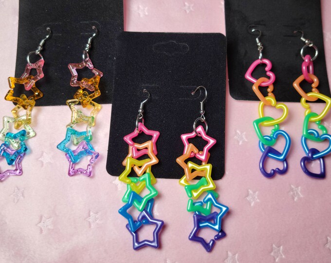 Rainbow Chain Link Earrings. Choose Hearts or Stars, Glitter Jelly ...