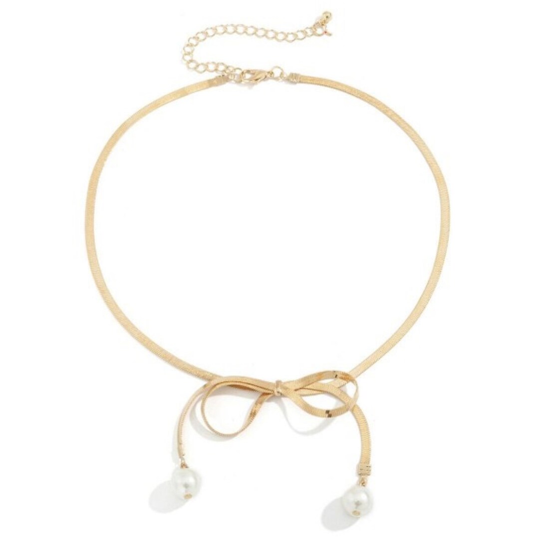 Jewelry Metal Tone Herringbone Chain Link Bow Necklace With Pearl ...