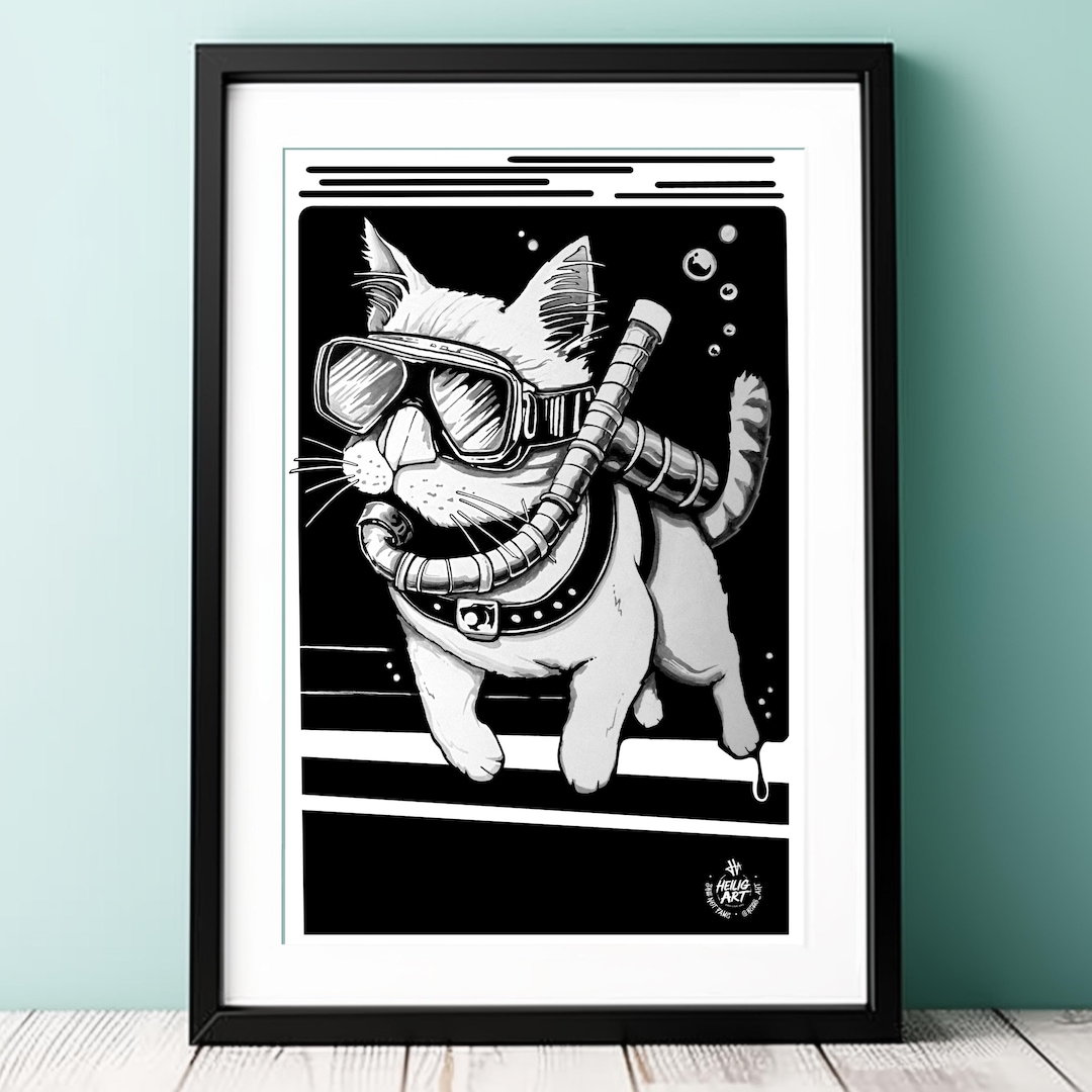 Aqua Kitty Poster, Diving Cat Print, River Kitty, Scuba Kitten, Snorkel ...