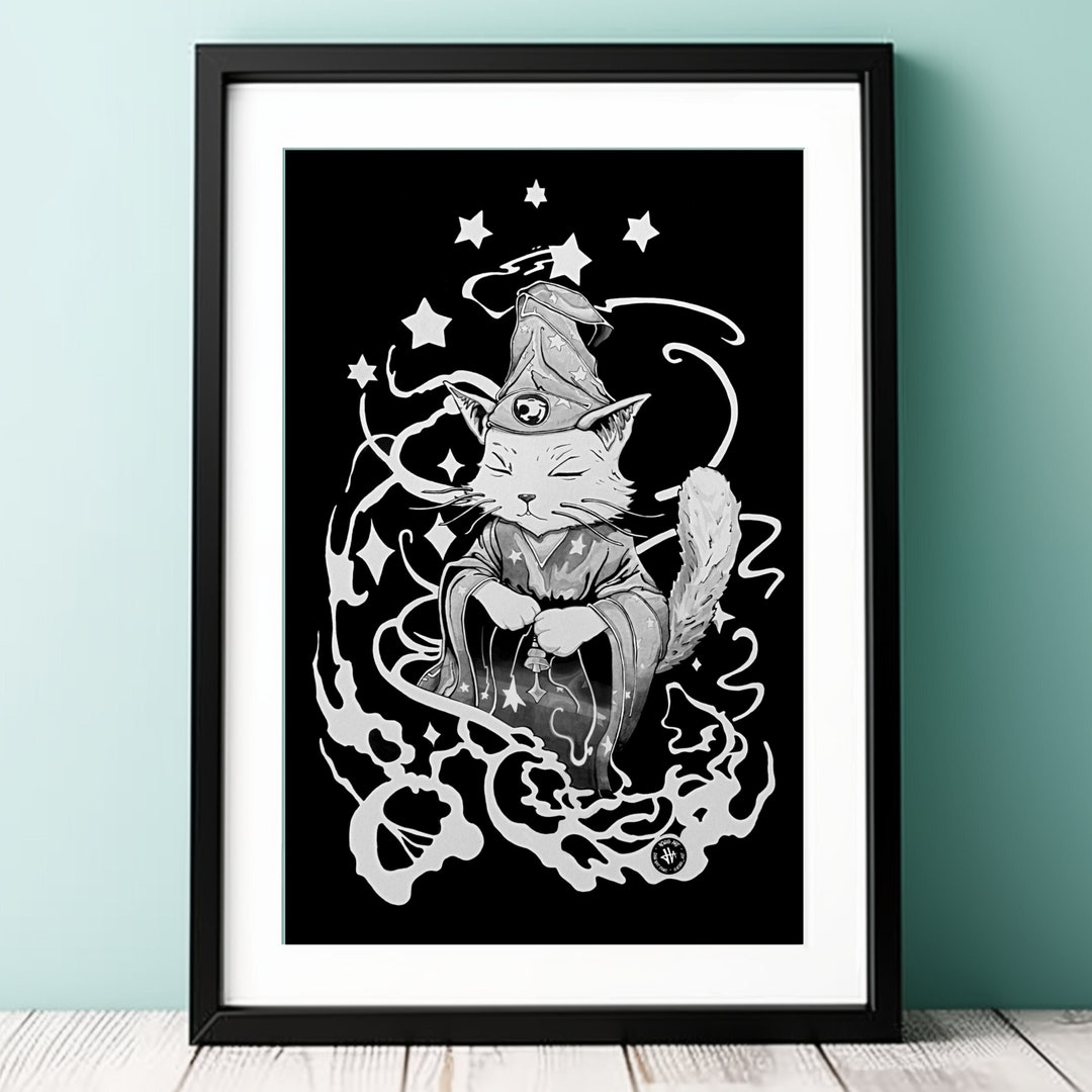 Wizard Cat Poster, Mysticat Print, Pet Portrait Wall Art, Black and ...