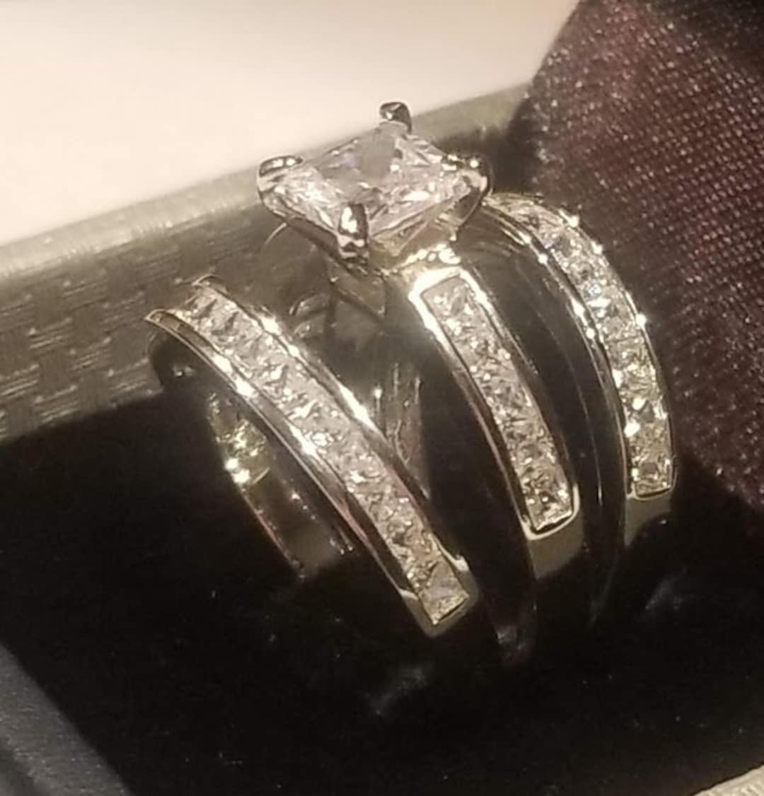 3.00 Ct Double Band Wedding Set Princess Cut Channel Setting Engagement ...