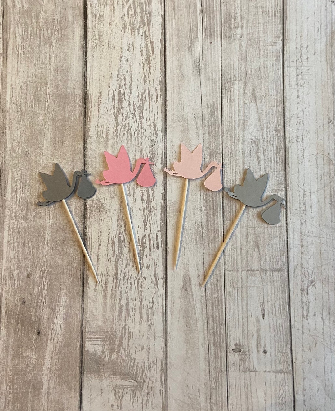 24 Assorted Pink and Grey Baby Stork Toothpicks, Baby Shower, Baby Girl ...