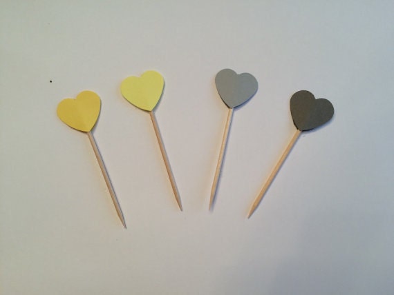 24 Yellow and Grey Heart Toothpicks Baby Shower Birthday | Etsy
