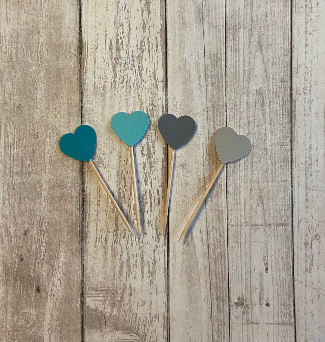 24 Teal and Grey Heart Toothpicks, Baby Shower, Birthday, Wedding ...