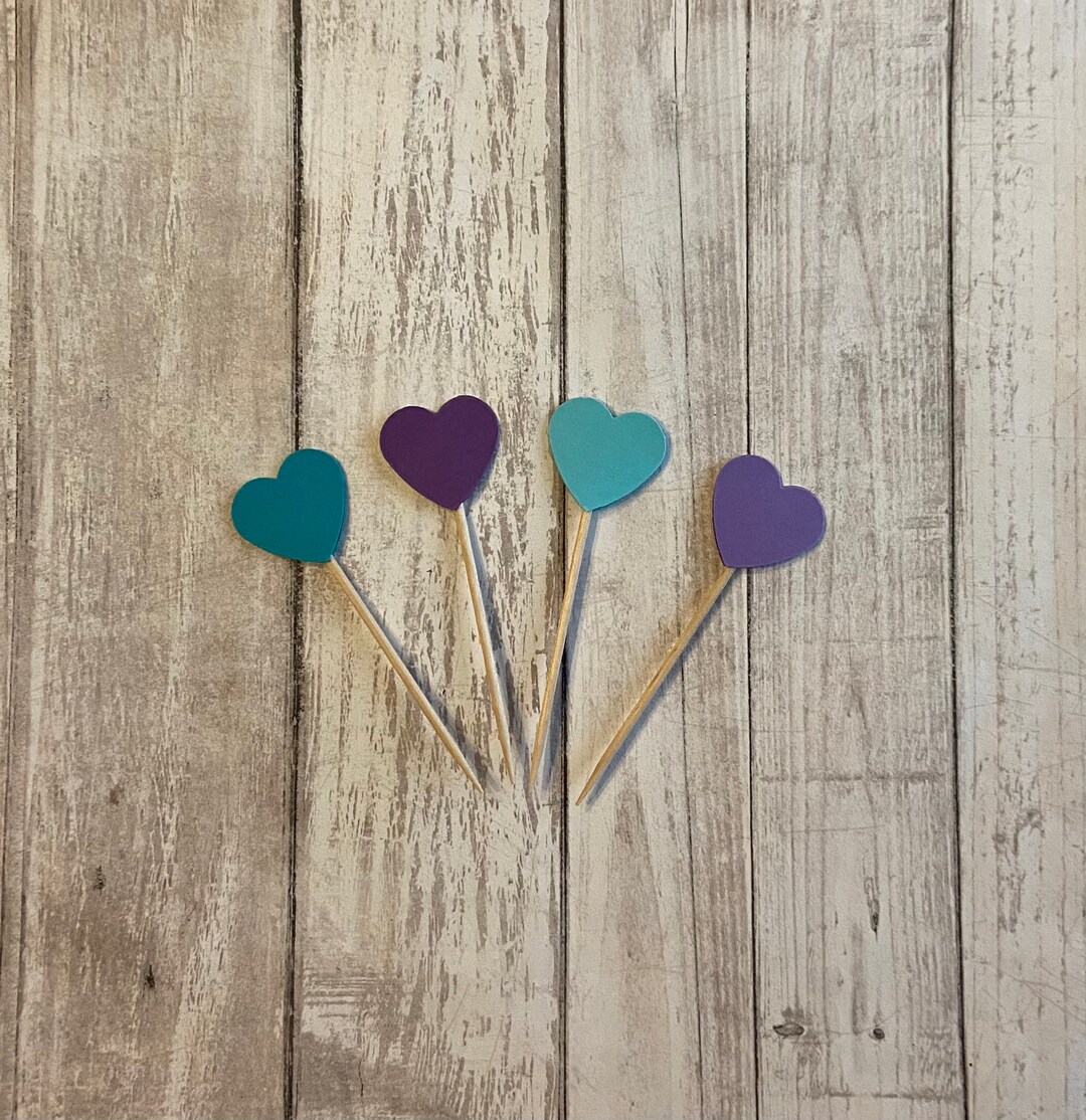 24 Purple and Teal Heart Toothpicks, Baby Shower, Birthday, Wedding ...