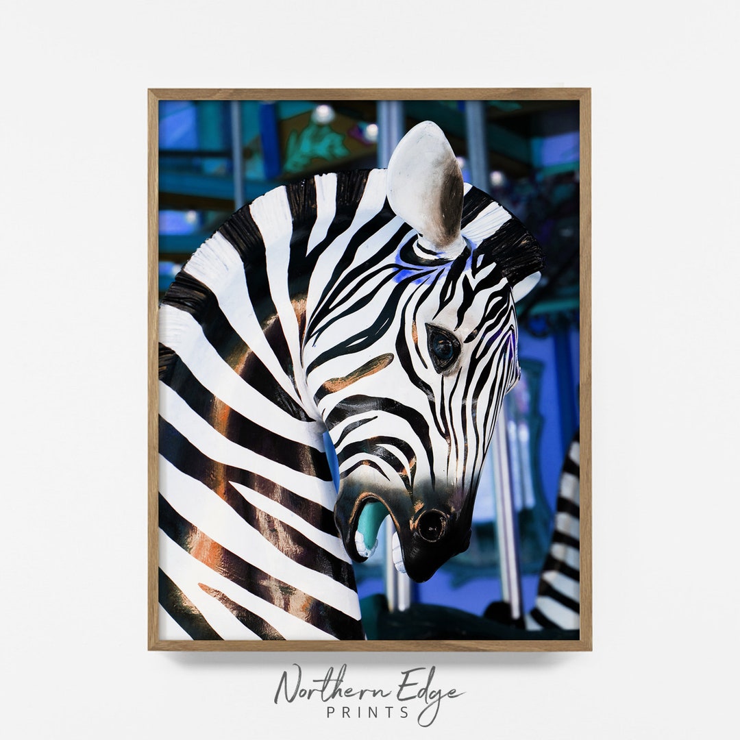 Blue Carousel Zebra Print, Zebra Wall, Retro Zoo Art, Printable ...