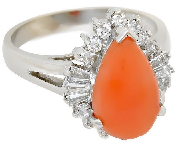 Ladies 18k White Gold Red Coral Pear Shape Ring With Round - Etsy