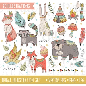 Cute Digital Tribal Woodland Clip Art, 25 Illustrations, Tribal Animals ...