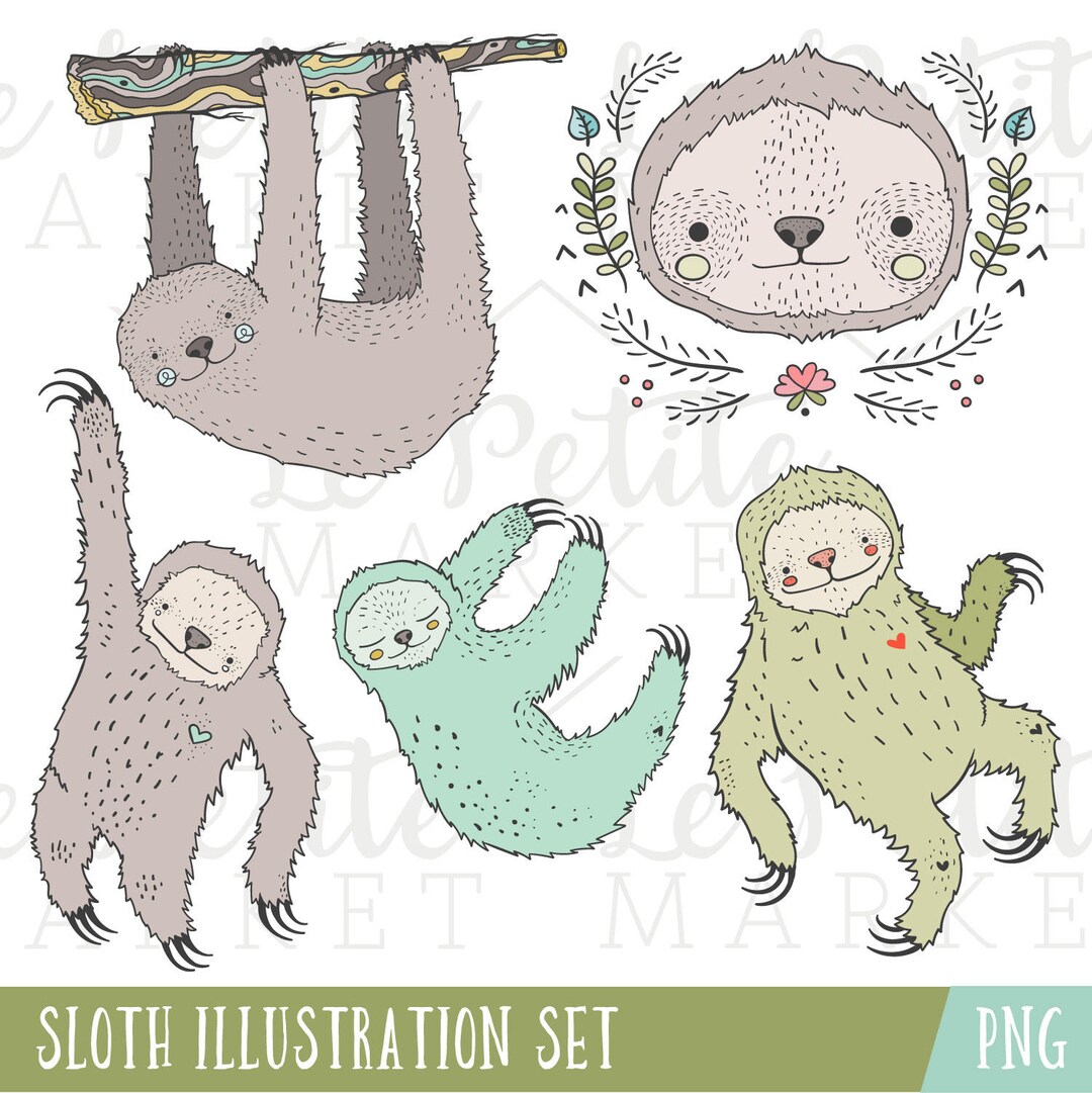 Sloth Clipart Illustration Set, Cute Sloths for Scrapbooking Printables ...