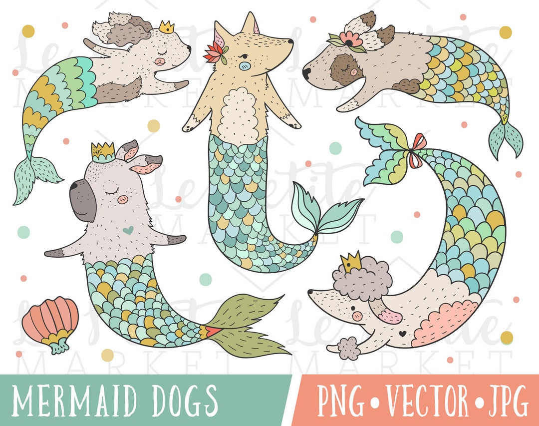 Cute Mermaid Dogs Clipart, Mermaid Cats Clipart, Mermaid Dogs Clipart ...