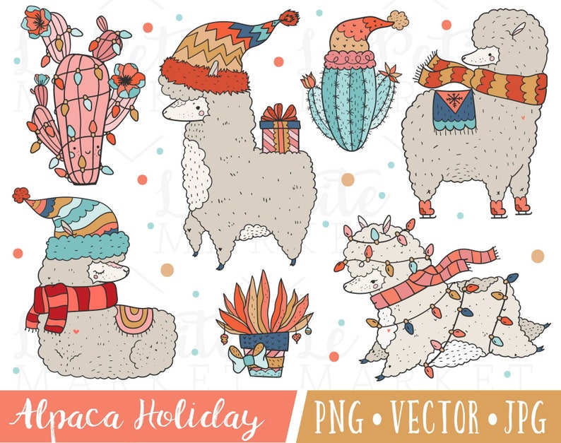 Alpaca Christmas Clipart Cute Holiday Alpaca Clip Art Llama - Etsy