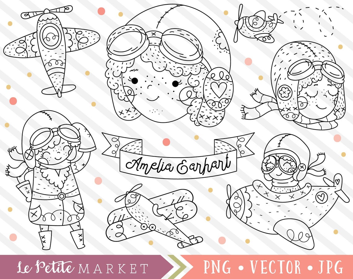 Amelia Earhart Art Illustration Set Cute Aviator Clipart - Etsy