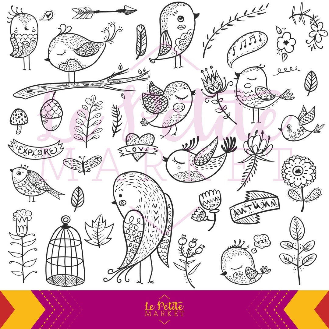 Hand Drawn Cute Bird Clip Art Set, Hand Drawn Birds, Bird Illustrations ...