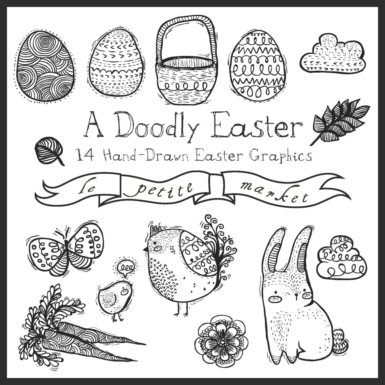 Doodly Hand Drawn Easter Clip Art Hand Sketched Bunny Rabbit | Etsy